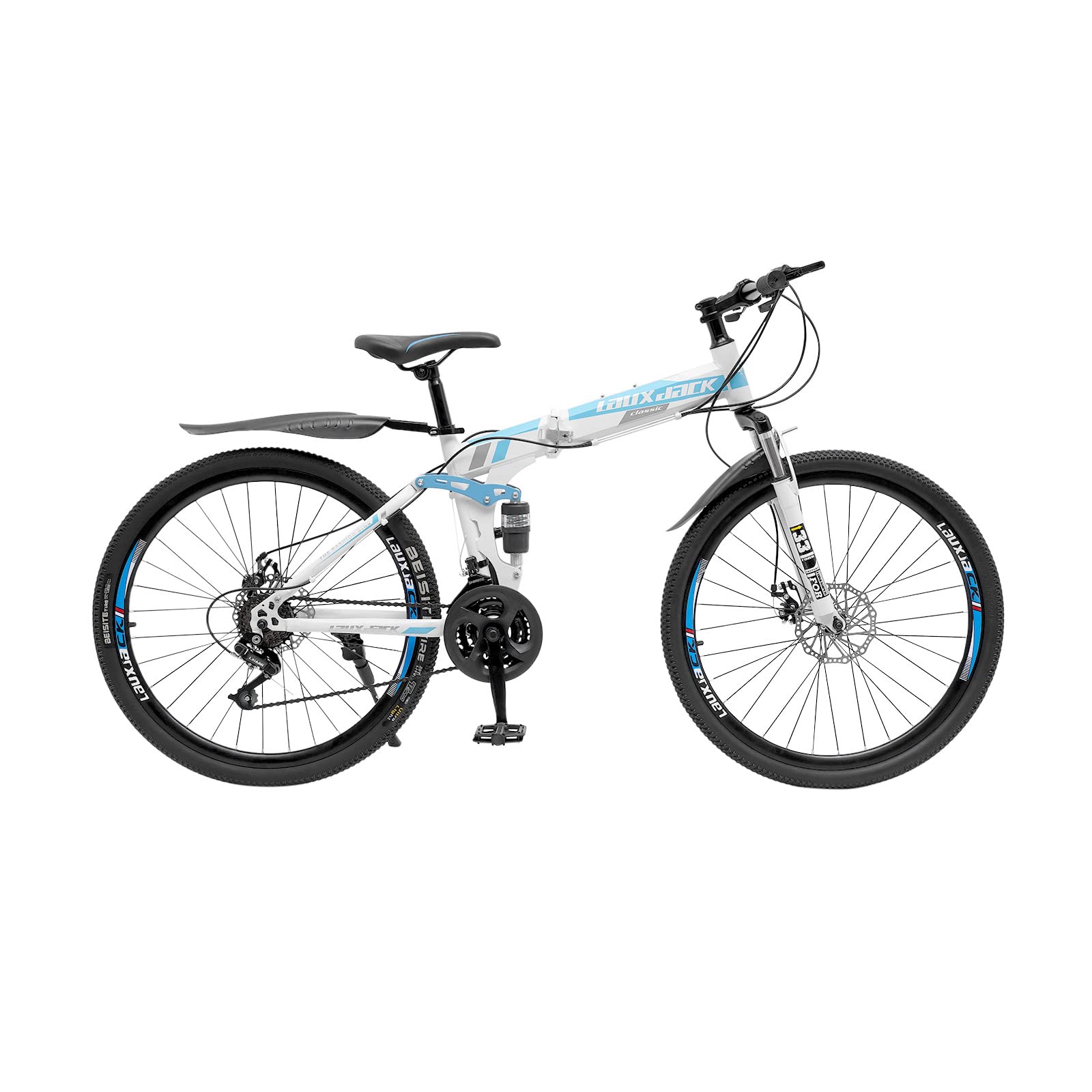 FLYHERO Folding Mountain Bike, 26" Womens 21-Speed Mountain Folding Bike, Carbon Steel Frame Mountain Bike, with Dual-Disc Brake, Blue&White