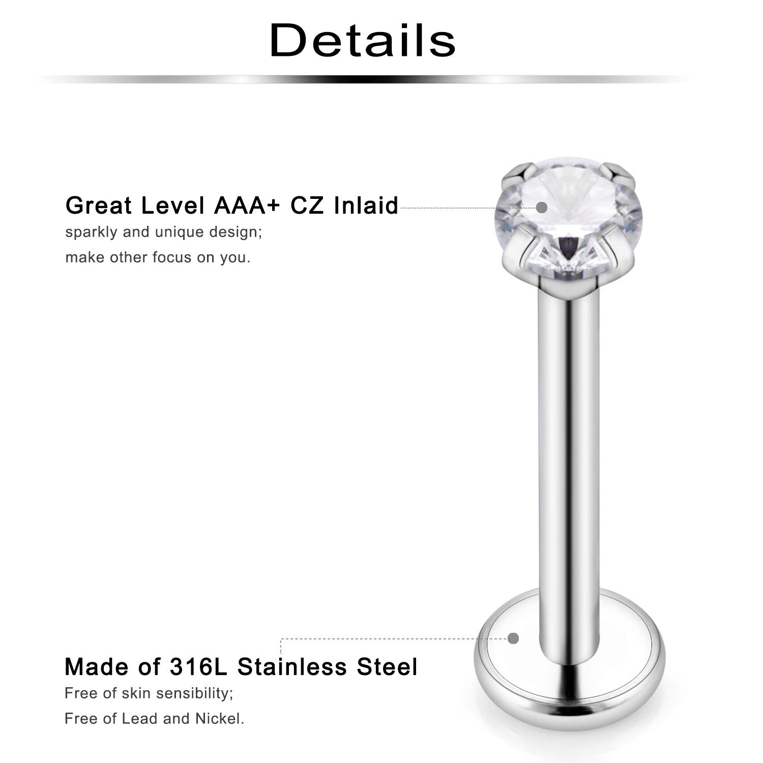 Ftovosyo 18Pcs 16G Forward Helix Cartilage Tragus Earring Studs Surgical Steel Internal & External Threaded Labret Lip Monroe Ring Barbell Body Piercing Jewelry for Women Men 8mm(5/16 Inch)