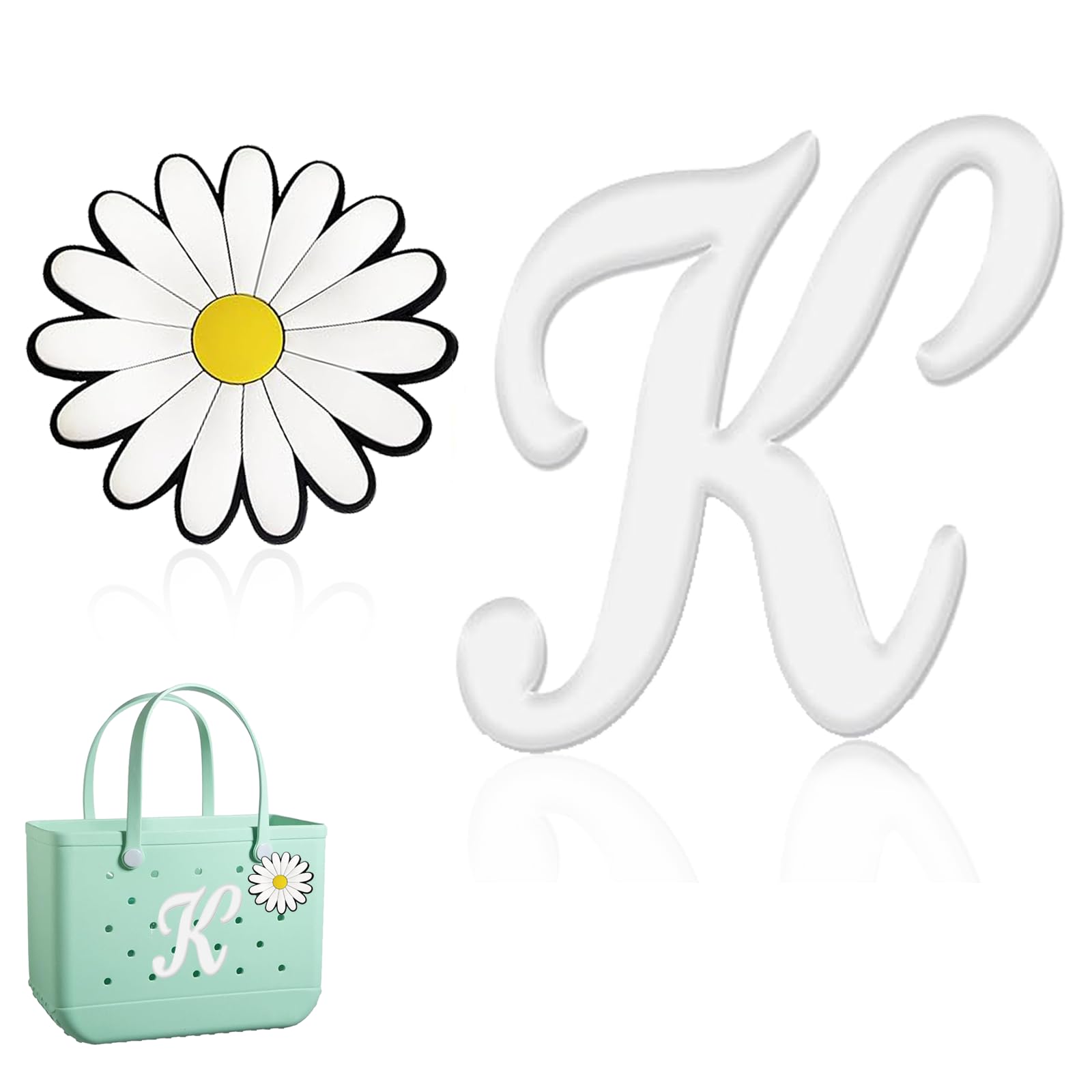 Hroatpk 2pcs Charms for Bogg Bag, Letter Charms Decorative Alphabet Lettering Accessories Insert Charms Compatible with Bogg Bag, Beach Bag, Rubber Tote Bag (Letter K+Flower)