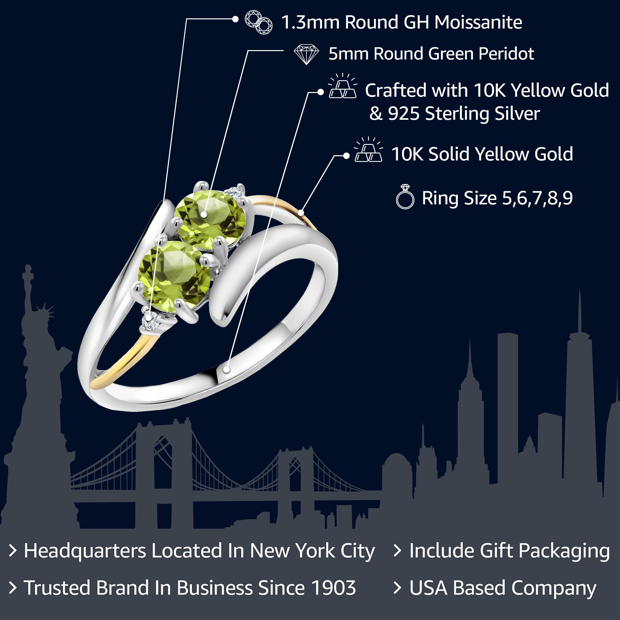 Gem Stone King 925 Sterling Silver and 10K Yellow Gold Green Peridot Ring For Women (1.12 Cttw, Gemstone Birthstone, Available In Size 5, 6, 7, 8, 9)