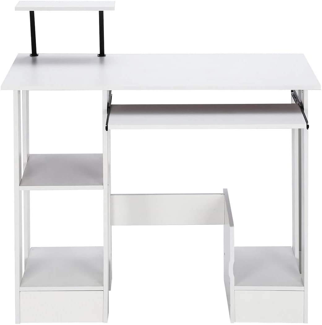 Harapu Strong Bearing Computer Desk, Home Office Storage Shelves Study Workstation Laptop Table, L90 x W48 x H73 cm, Warm White