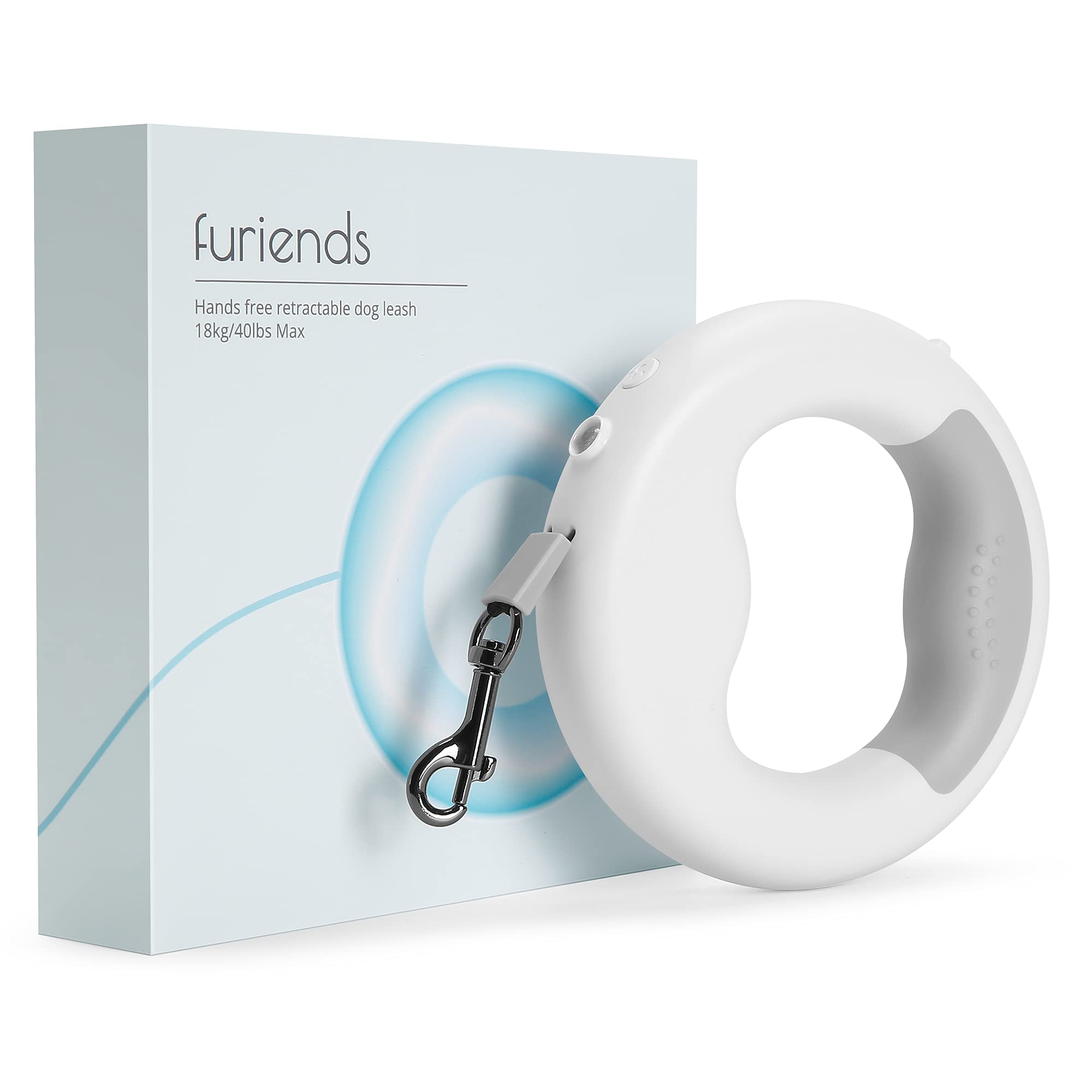 Furiends - Retractable Wearable Dog Leash with Bright LED Light | Rechargeable with Type C, DONUT Shape, 10 ft Traction Rope and Quick Brake – (for Small and Medium Furry Friends Up to 40 LBS) – White
