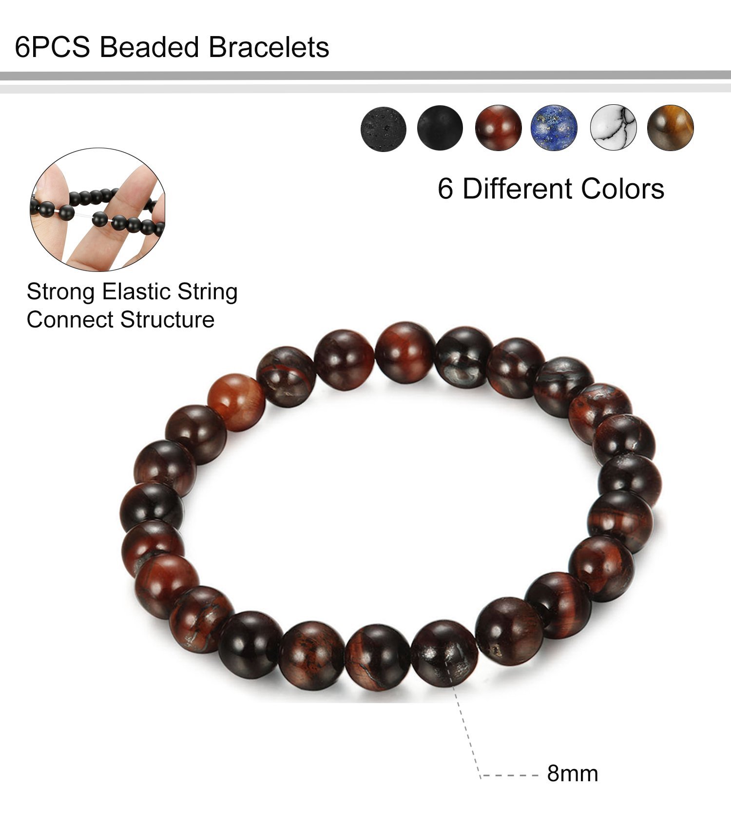 FUNRUN JEWELRY 6PCS Bead Bracelets for Men Women Natural Stone Mala Bracelet (A: 6 PCS Style1)