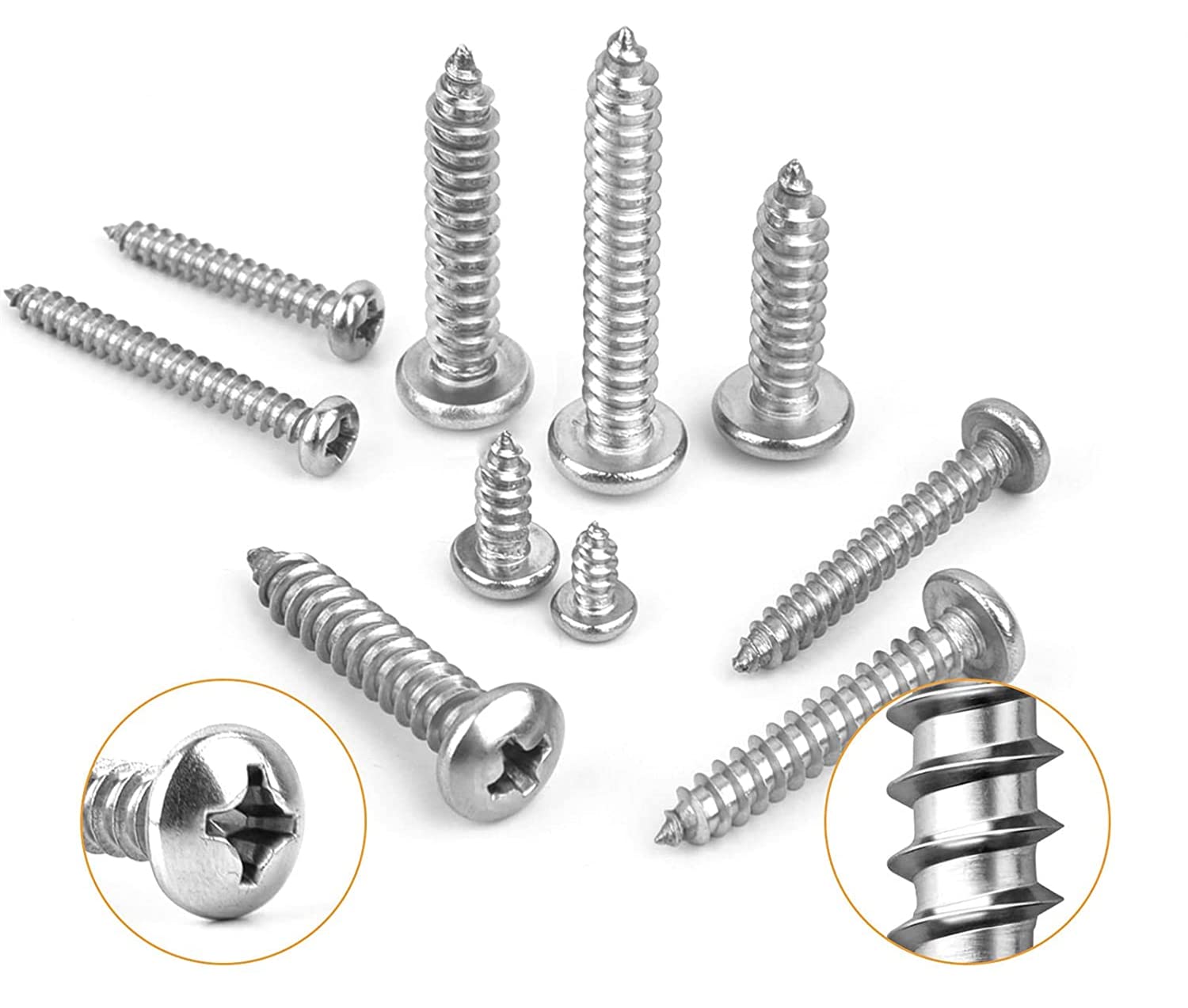 Guard4U 140Pcs #10 x 3/8", 1/2", 5/8", 3/4", 1", 1-1/4", 1-1/2", 1-5/8", 1-3/4" 304-Stainless Steel Phillips Round Pan Head Self-Tapping Drilling Screws, M4.8 Wood Screws Assortment Kit