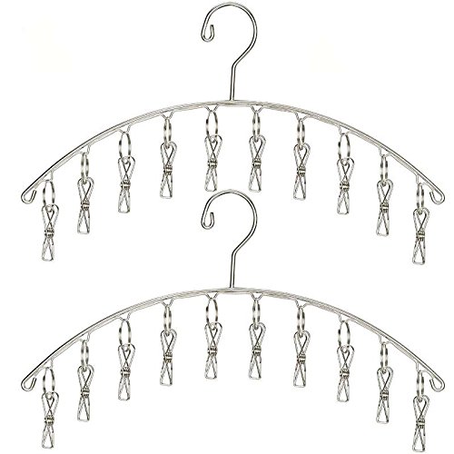 Toplife Clothes Hanger with 10 Clips, Stainless Steel, Windproof, for Drying Socks, Bras, Underwears, Baby Clothes, Hats, Scarfs, Towels, Pants and Gloves, Set of 2