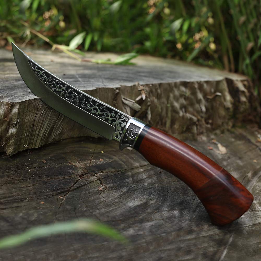 FU-GLBY 11" Fixed Blade Knife with leather sheaath classical embossed blade hunting knife wood handle Survival knife