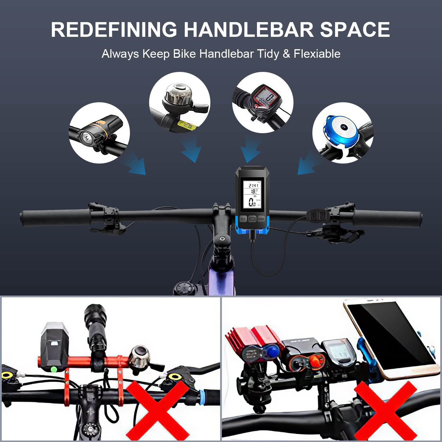 Hrusitoo Bike Lights Front and Back Sets with LCD Display Speedometer and Horn USB Rechargeable Bicycle Computer with Headlight and Taillight Waterproof LED Flashlight and Odometer for Cycling-Blue