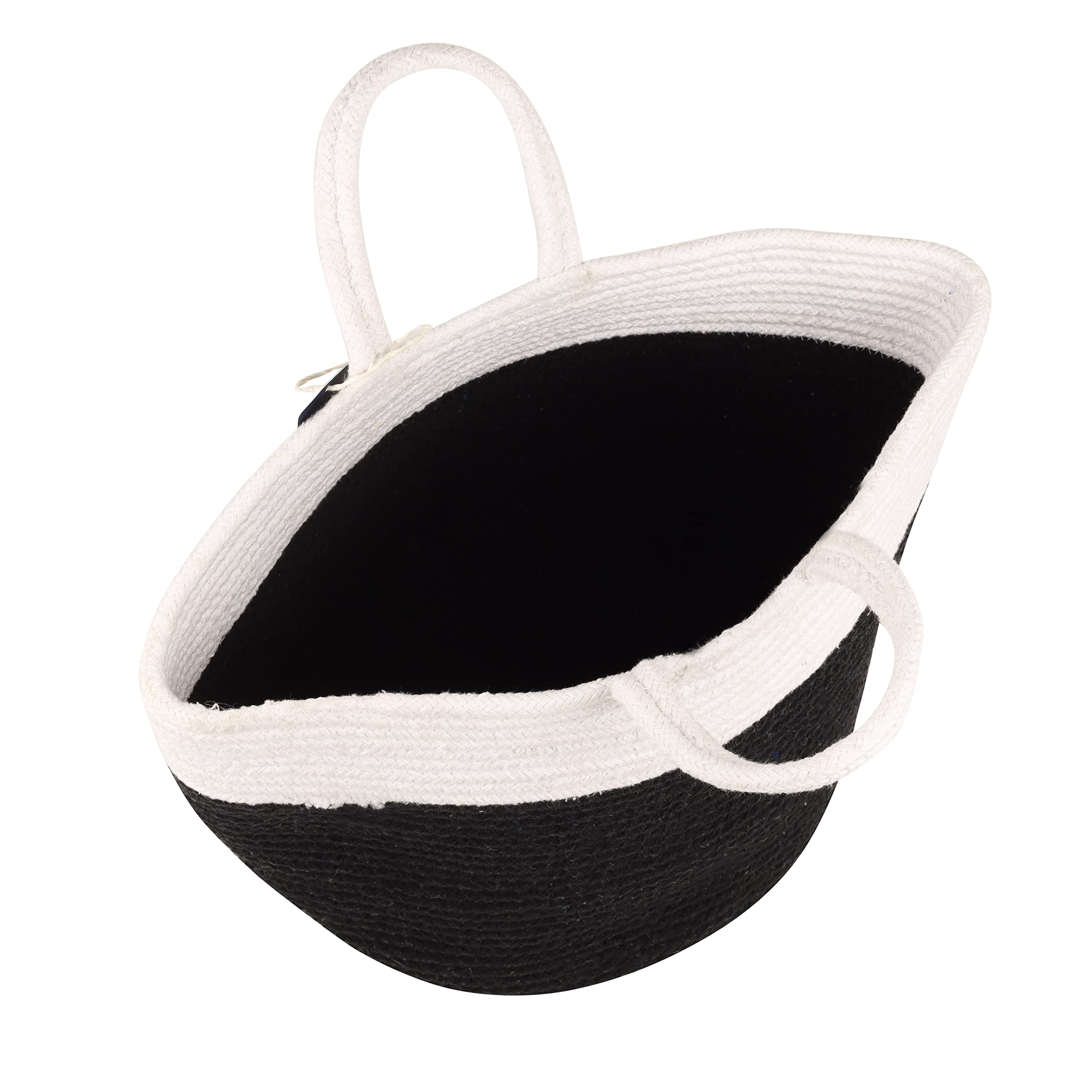 Handwoven Round Rope Basket with Handle made from Recycled Cotton, 11.81 x 11.81 x 11.81 inches Round Storage Baskets for Towel, Toys, Diaper, Foldable Laundry Basket, Black White