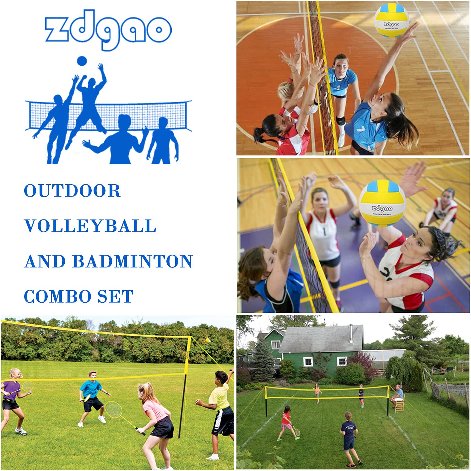 G&S Volleyball and Badminton Set for Backyard and Outdoors with Easy Set-up Volleyball Net + 4 Pro Badminton Rackets + Carrying Bag + Volleyball + Ball Pump, Complete Bundle