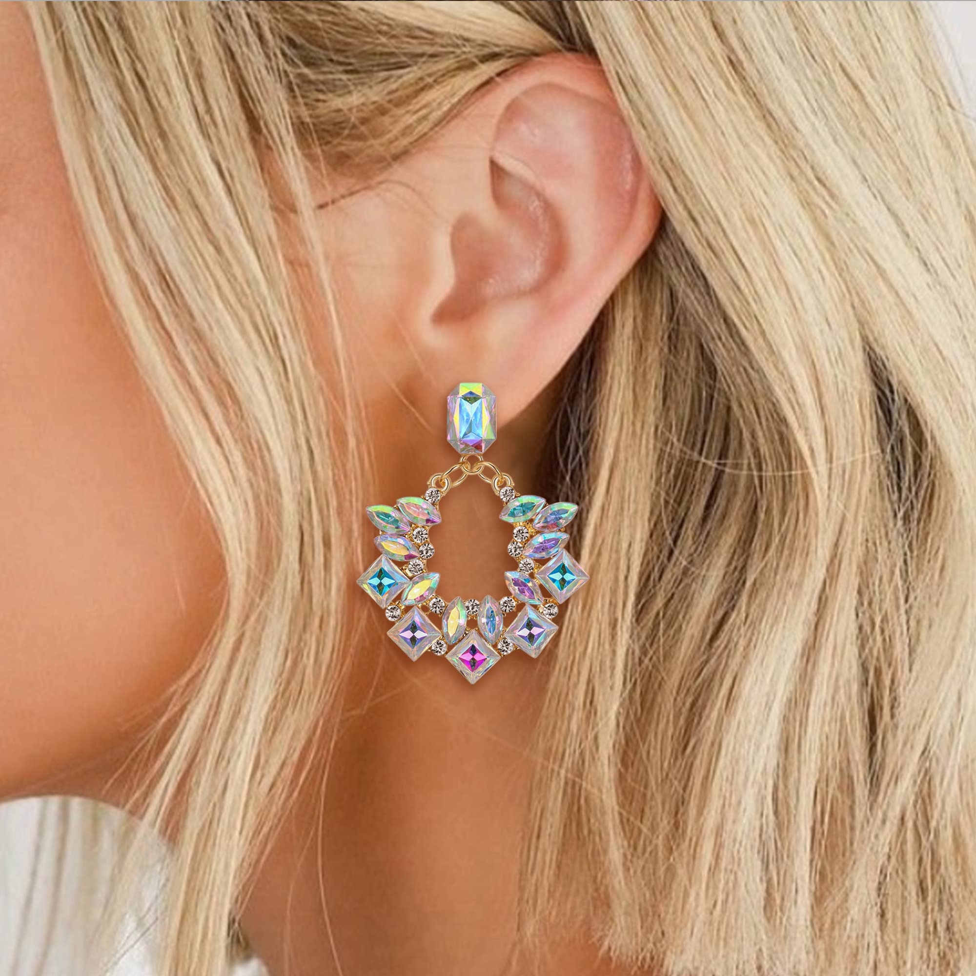 Flyonce Rhinestone Oval Hoop Dangle Earrings, Austrian Crystal Geometric Statement Pierced Earrings Iridescent Clear AB