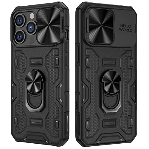 VEGO for iPhone 14 Pro Max Case, iPhone 14 Pro Max Kickstand Case with Slide Camera Cover Built-in 360° Rotate Ring Stand Magnetic Shockproof Phone Cover Case for iPhone 14 Pro Max 6.7" 2022 - Black