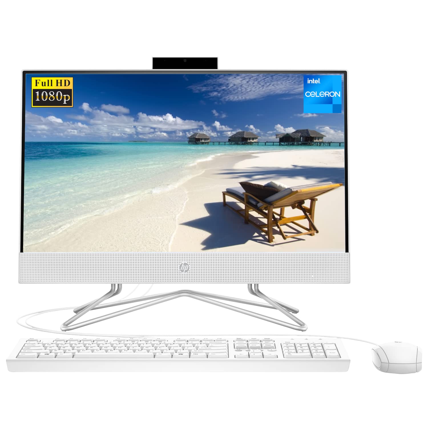 HP All-in-One Desktop, 21.5" FHD Display, Intel Celeron J4025, 8GB DDR4 RAM, 256GB PCIe SSD, Webcam, WiFi, HDMI, RJ-45, Wired Keyboard&Mouse, Windows 11 Home, White