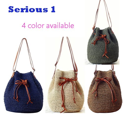 Donalworld Women Bucket Bag Drawstring Hobo Crochet Straw Shoulder Bag L Beige
