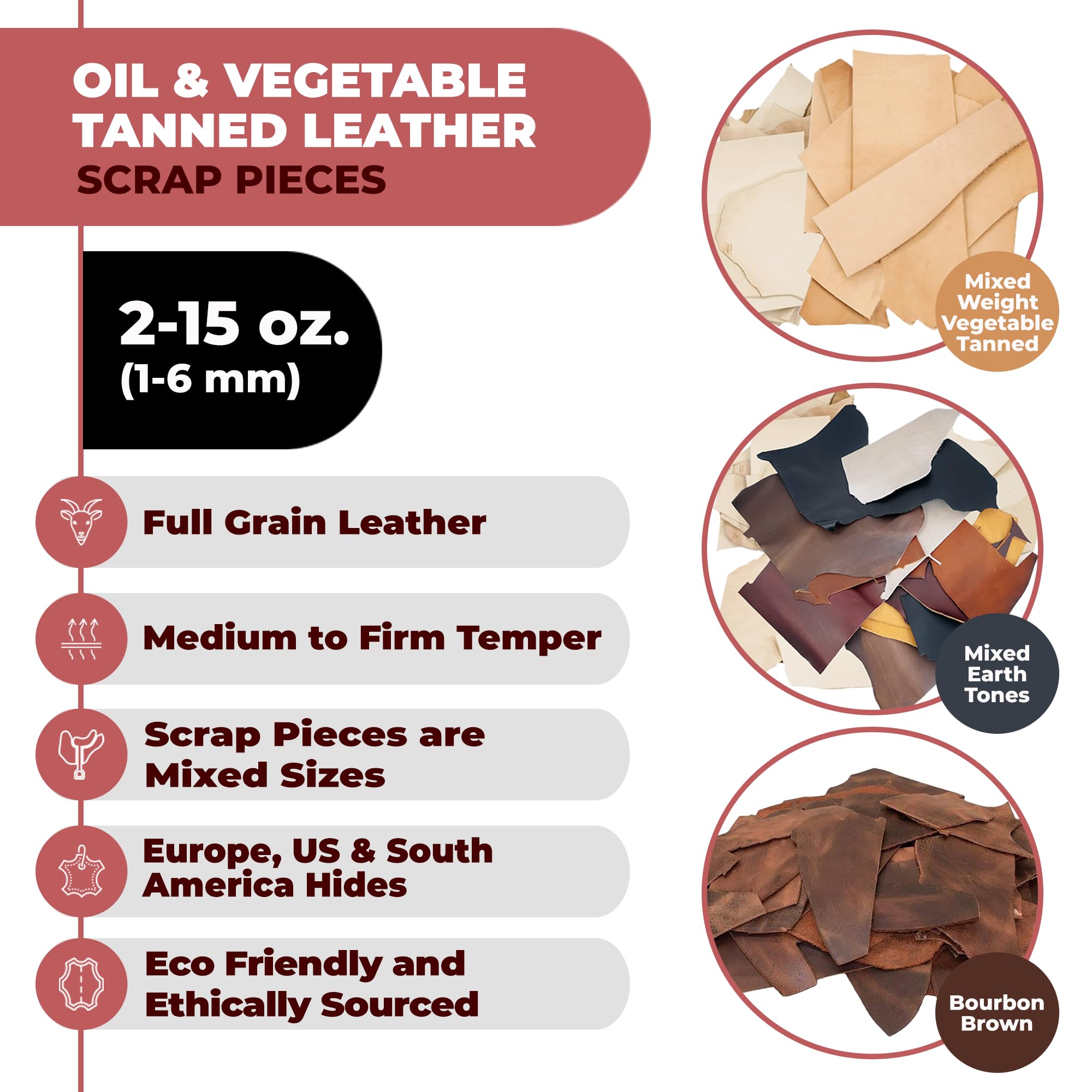 ELW 6-10 oz (2.4-4mm) Thickness, 2 LB Vegetable Tanned Leather Scraps, Heavyweight, Cowhide Remnants Full Grain Leather for Tooling, Holsters, Knife Sheath, Carving, Embossing, Stamping