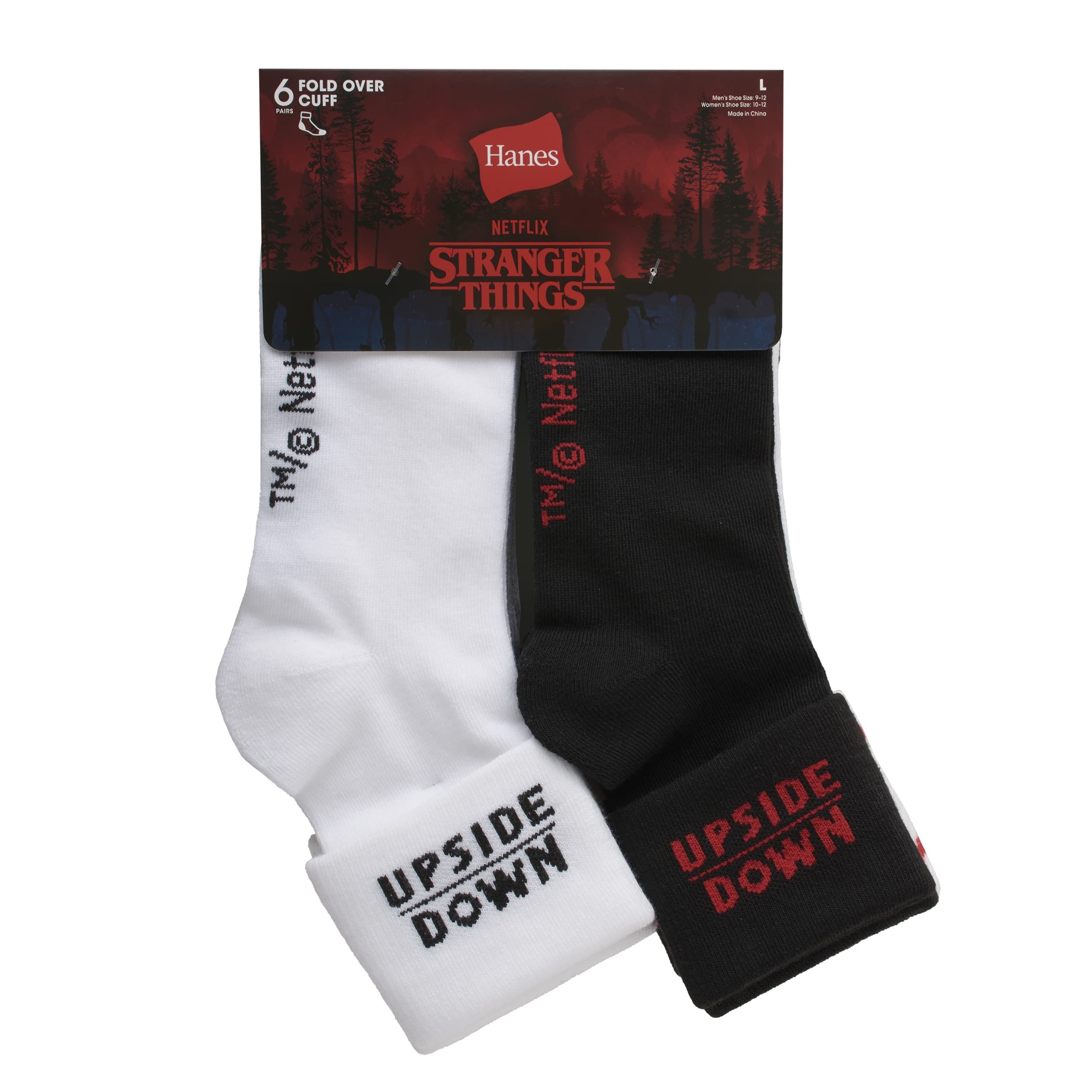 Hanes Stranger Things Pack, Unisex Ankle Socks with Fold-Over Cuffs, Hellfire Club Black/White/Grey Assorted, Women's Shoe Sizes 10-12 and Men's Shoe Sizes 9-12