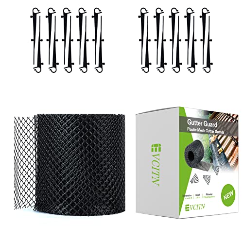Evcitn Plastic 2-Pack Gutter Guard Mesh Roll 6”X80Ft Long Total,DIY Leaf Protection Cover Netting with 40 Clip Fixing Hooks,Ideal for Preventing Leaves,Twigs and Debris from Clogging