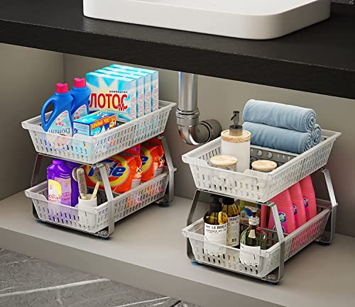 junyuan Under Sink Organizers and Storage, Bathroom Countertop Organizer with Dividers,Double Pull Out Cabinet Organizer Stainless Steel