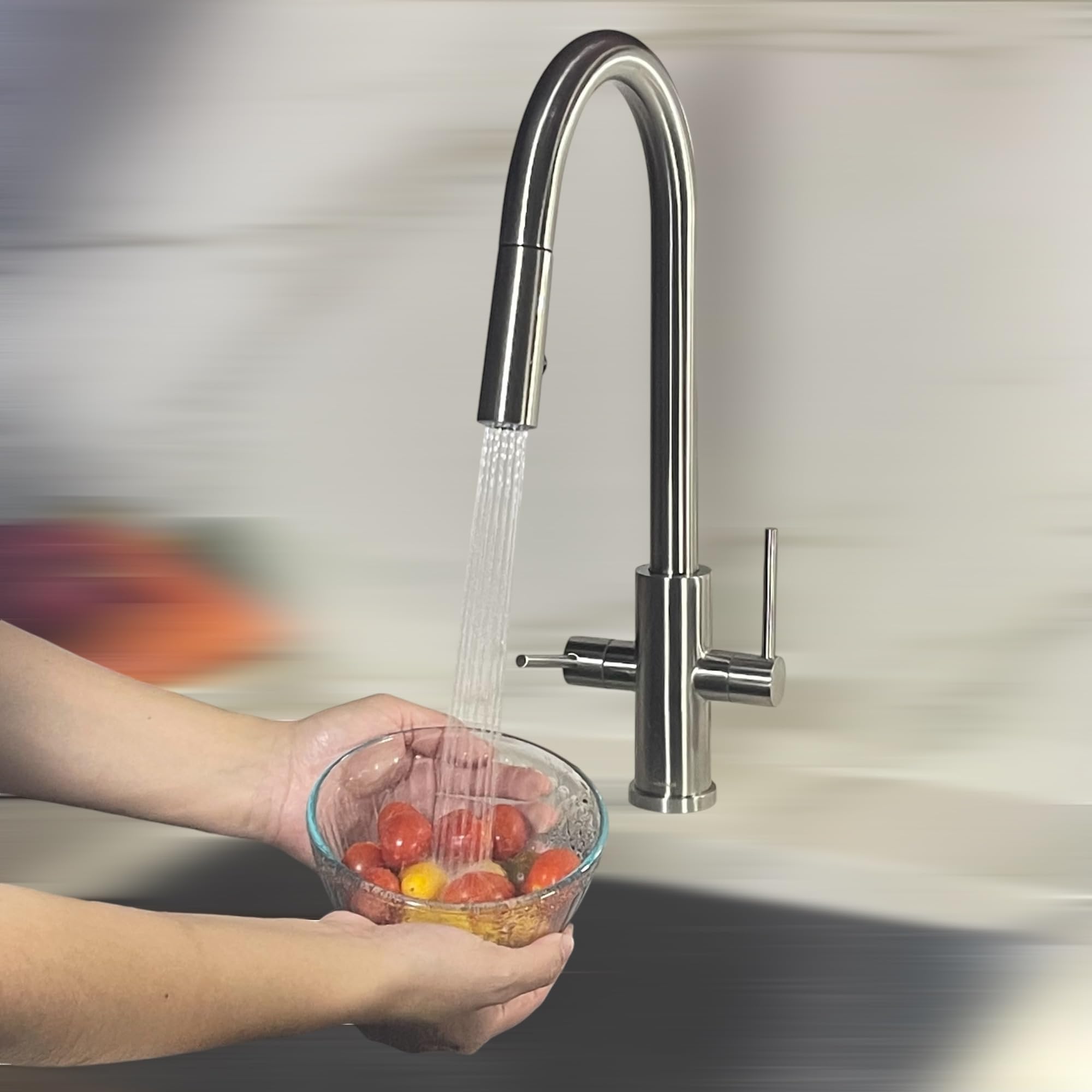 Luna&Muni.Kitchen Faucet Satin Gold Deck Mount Brushed Stainless Steel Pull Down Sprayer Sink Faucet with 2 Handles