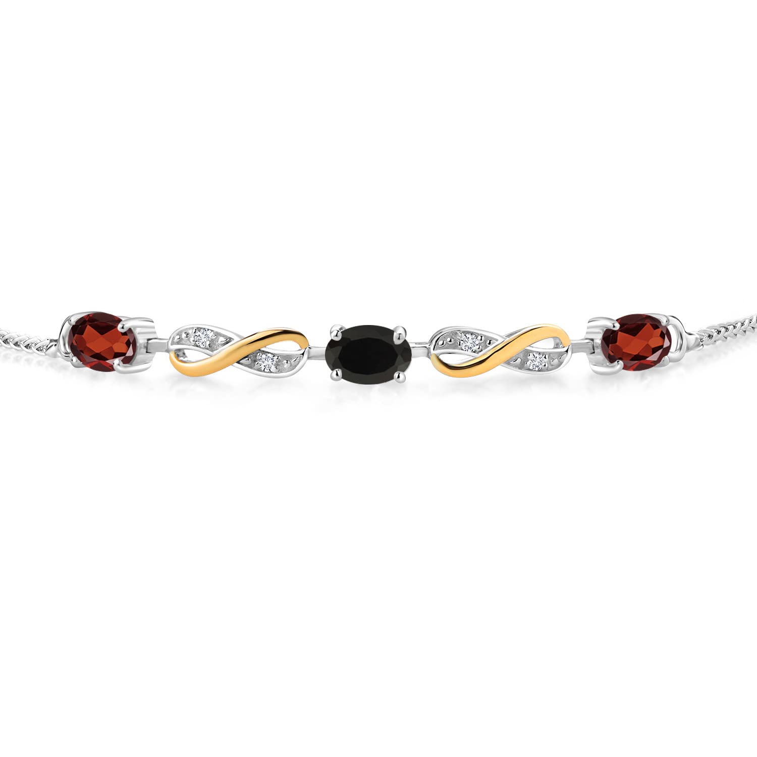 Gem Stone King 925 Sterling Silver and 10K Yellow Gold Red Garnet Black Onyx and White Lab Grown Diamond Adjustable Infinity Bracelet For Women | 1.57 Cttw | Fully Adjustable Up to 9 Inch