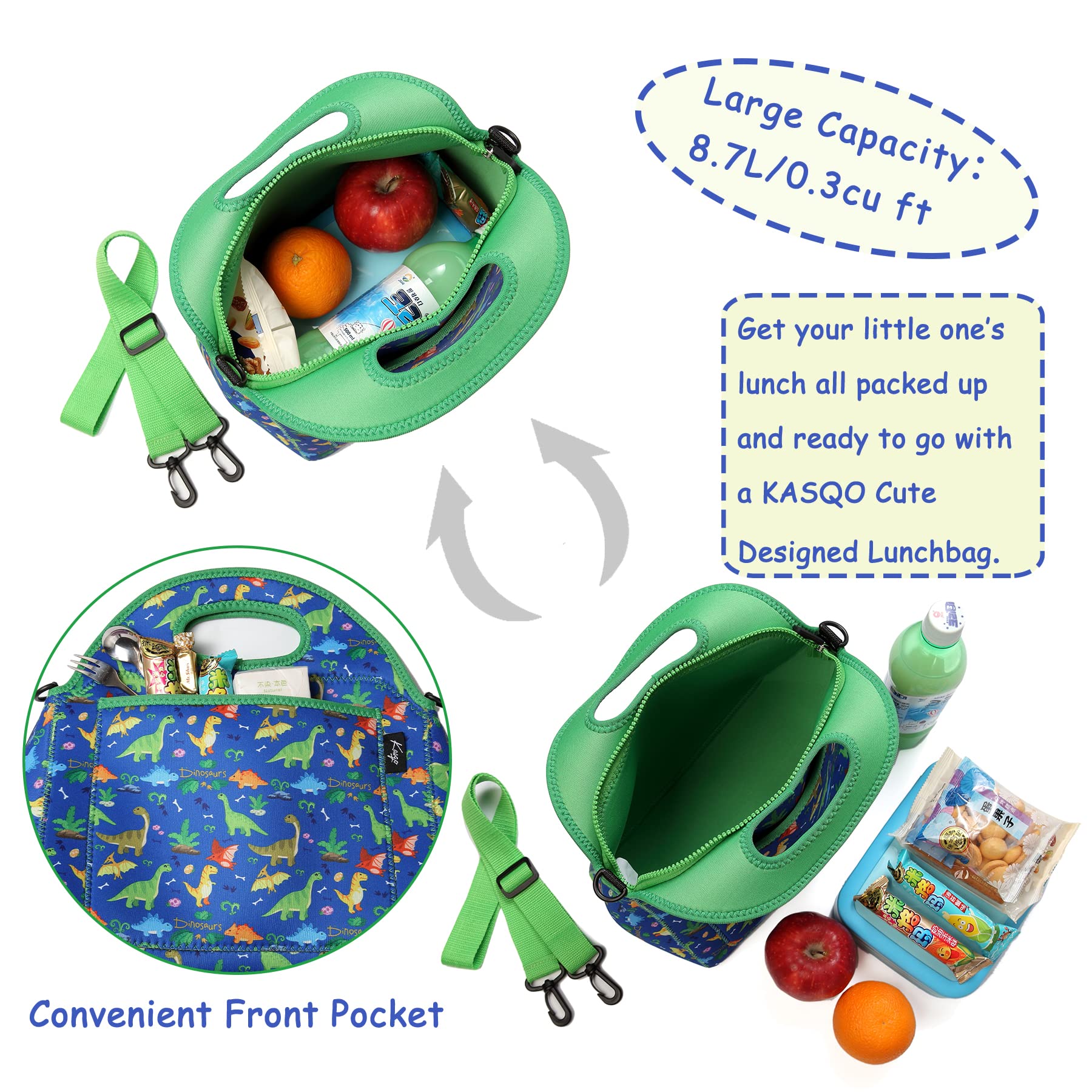 Kasqo Lunch Bag for Kids, Neoprene Insulated Boys Lunch Boxes Childrenās Lunch Tote with Front Pocket and Detachable Adjustable Shoulder Strap in Cute Dinosaur