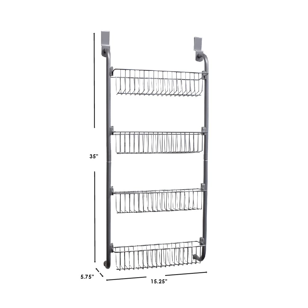 Home Basics Heavy Duty 4 Tier Over the Door Storage Shelf Hanging Cabinet Metal Pantry Rack Organizer Spice Space, Grey