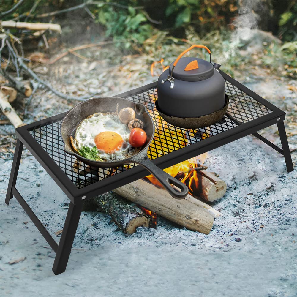 Folding Campfire Grill Heavy Duty Steel Grate with Legs Portable Over Fire Camp Grill for Outdoor Cooking Grill Traveling Picnic, Black (21.6" x 11.8")