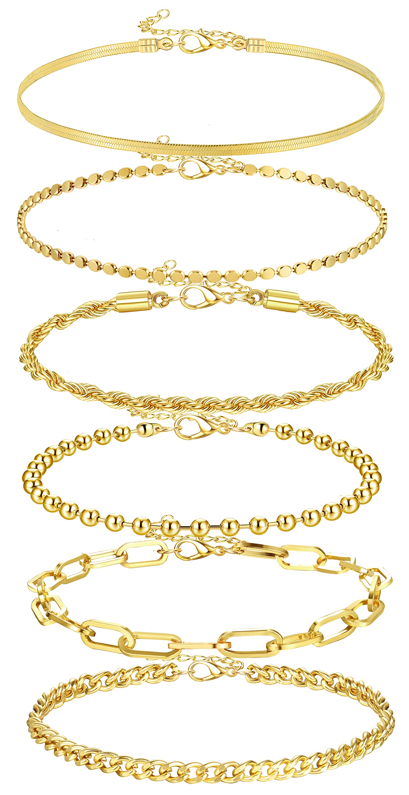 FINREZIO 6PCS Gold Chain Bracelet for Women Paperclip Link Beaded Cuban Bracelet Chunky Cable Chain Bracelet Adjustable Layered Stackable Bracelets Jewelry Style B