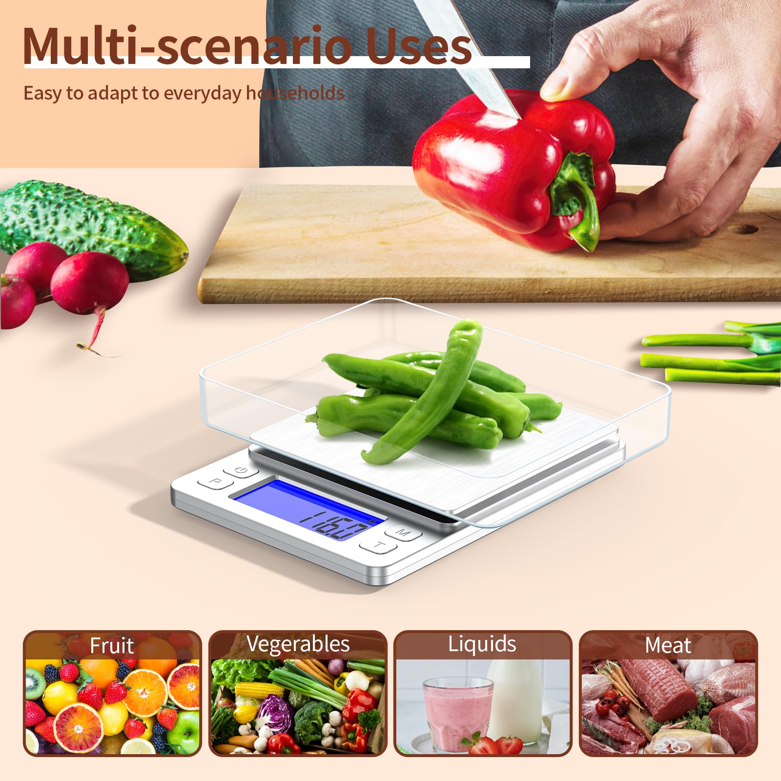 Food Kitchen Scale, Food Scales Digital Weight Grams and Oz, High Precision Digital Scale, with 2 Trays, Tare Function, Baking, Cooking, LCD Display