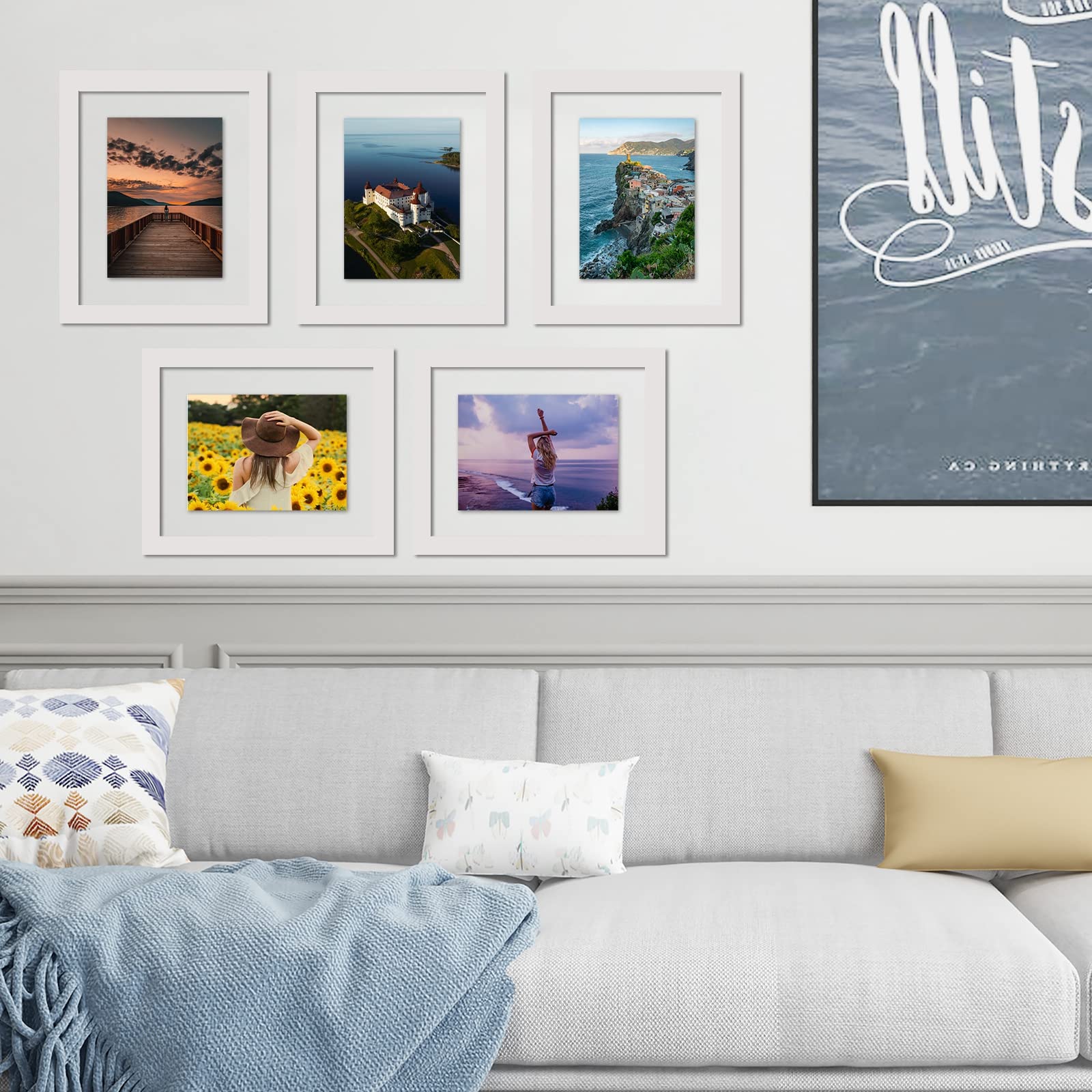 FIRMINANA 2 Pack 11x14 Floating Picture Frames,Display 2x3, 4x6, 5x7, 8x10, 11x14 Full Display Without Floating, Solid Oak Frame and High Definition Double Glass,Rustic White