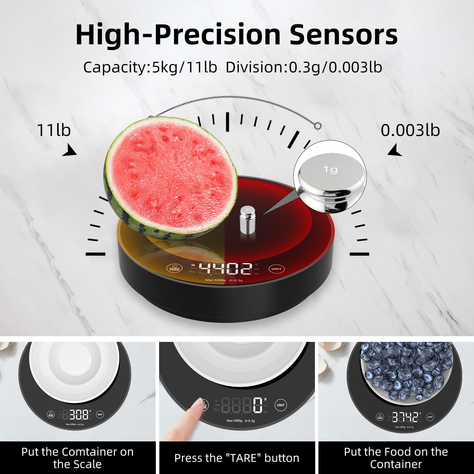 Food Scale Digital Weight Grams 5KG/11lb Max Weight with 5 Units,0.1g/0.01oz Precise Graduation LED Display and Tare Function, Baking Scale for Weight Loss, Tempered Glass(Black)
