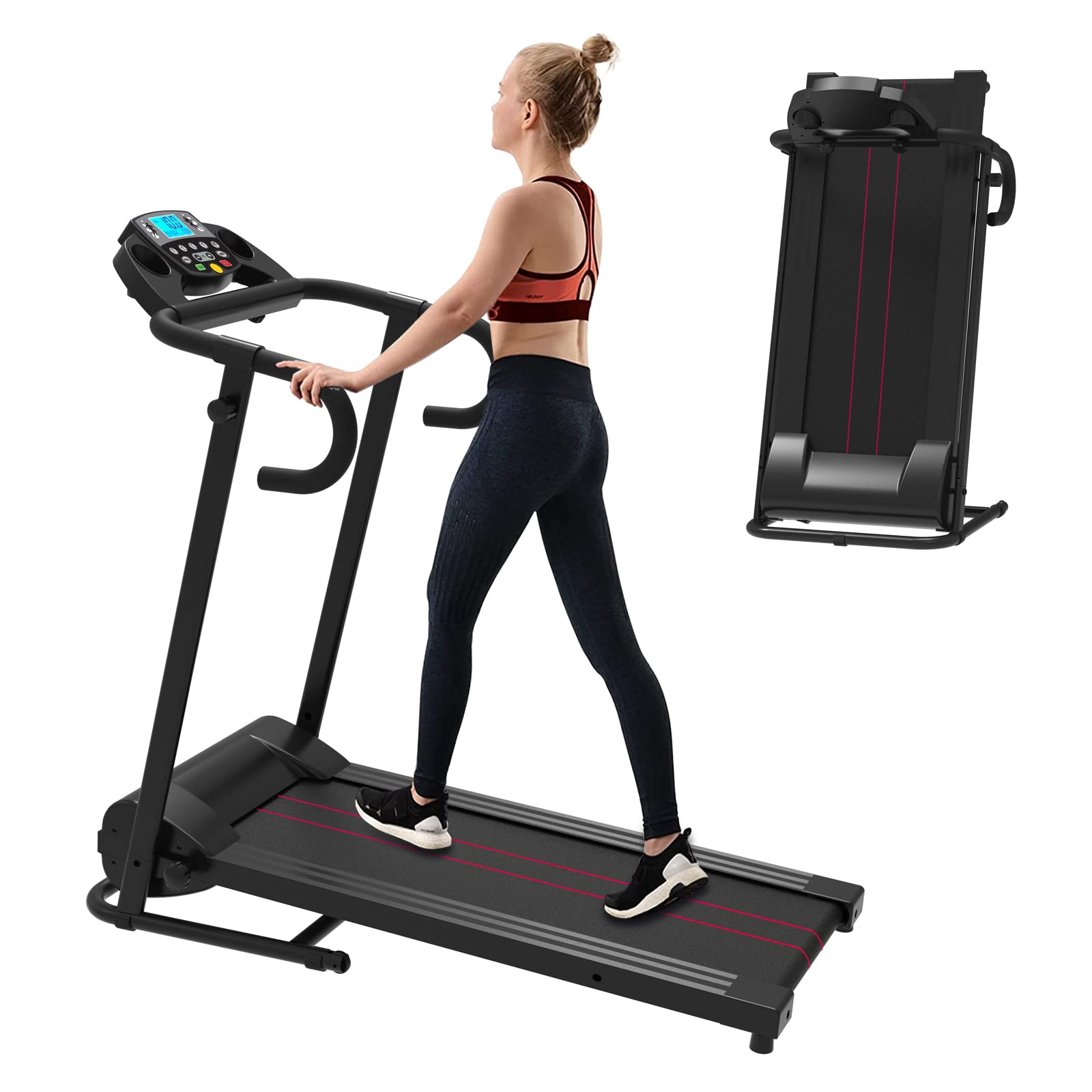 Fophet Folding Treadmill, 1.5 HP Foldable Electric Motorized Treadmill Running Exercise Machine, Space-Saving Easy Assembly Fitness Jogging Workout, 12 Preset Programs, and LCD Display/ 2* cup Holders