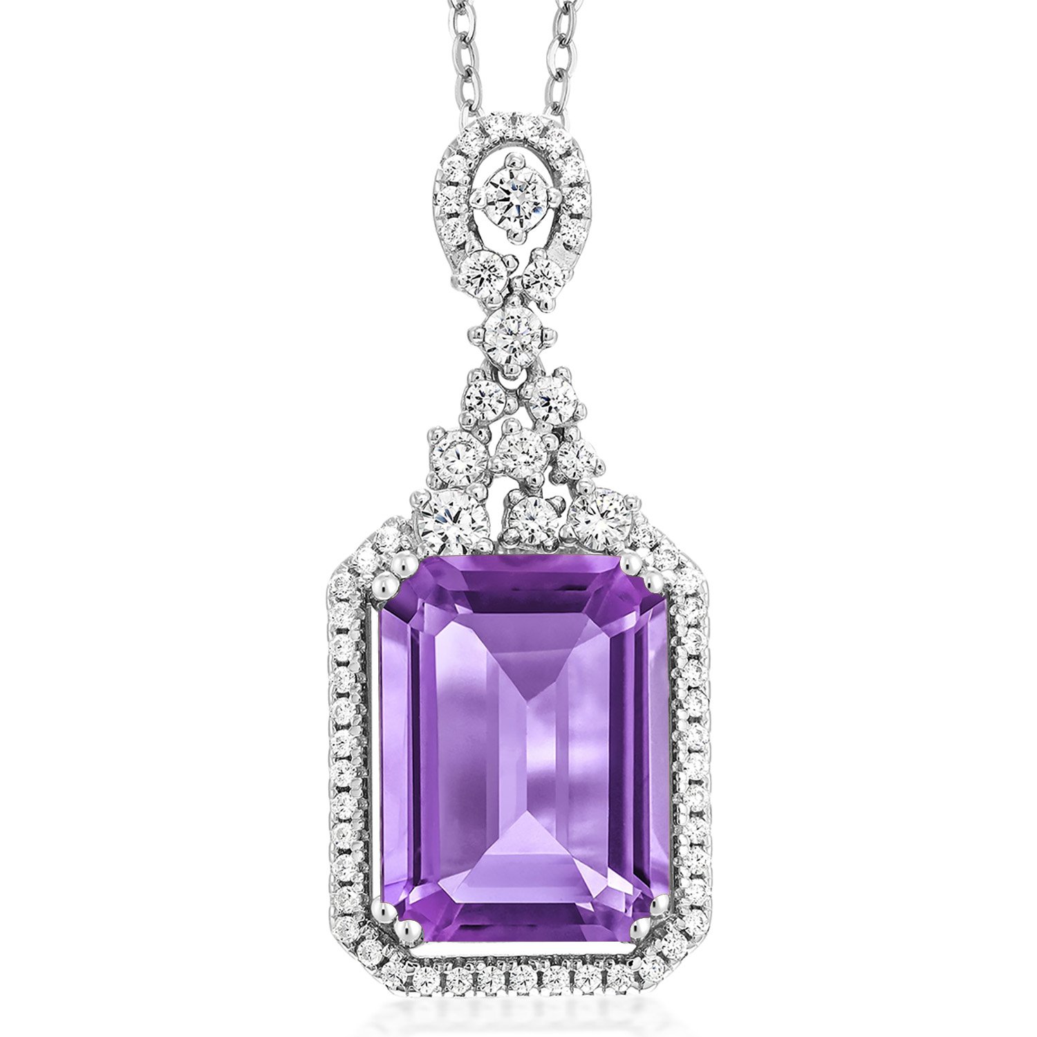 Gem Stone King 925 Sterling Silver Purple Amethyst Pendant Necklace For Women (6.85 Cttw, Gemstone Birthstone, Emerald Cut 14X10MM, with 18 Inch Silver Chain)