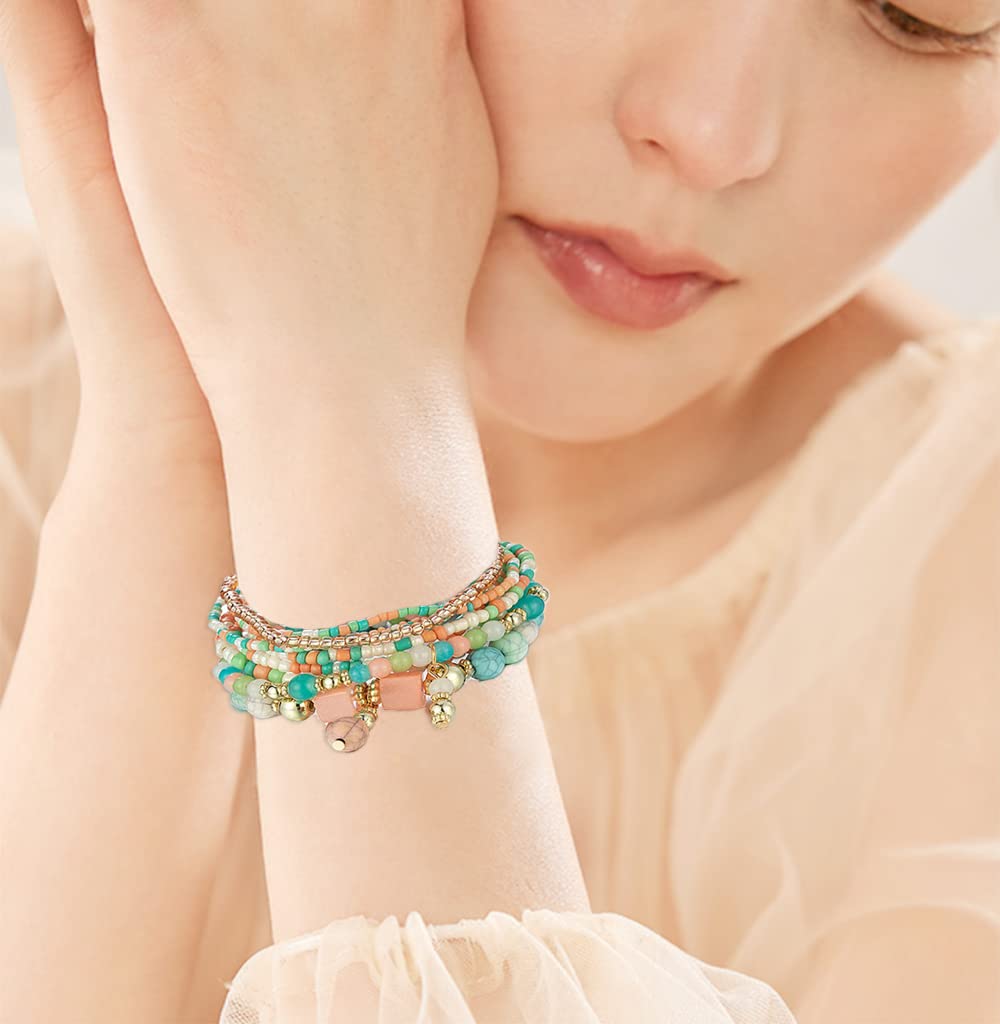 FINZOR 8 Sets Bohemian Bracelets for Women Stretch Multilayer Colorful Beads Bracelet with Charm Jewelry