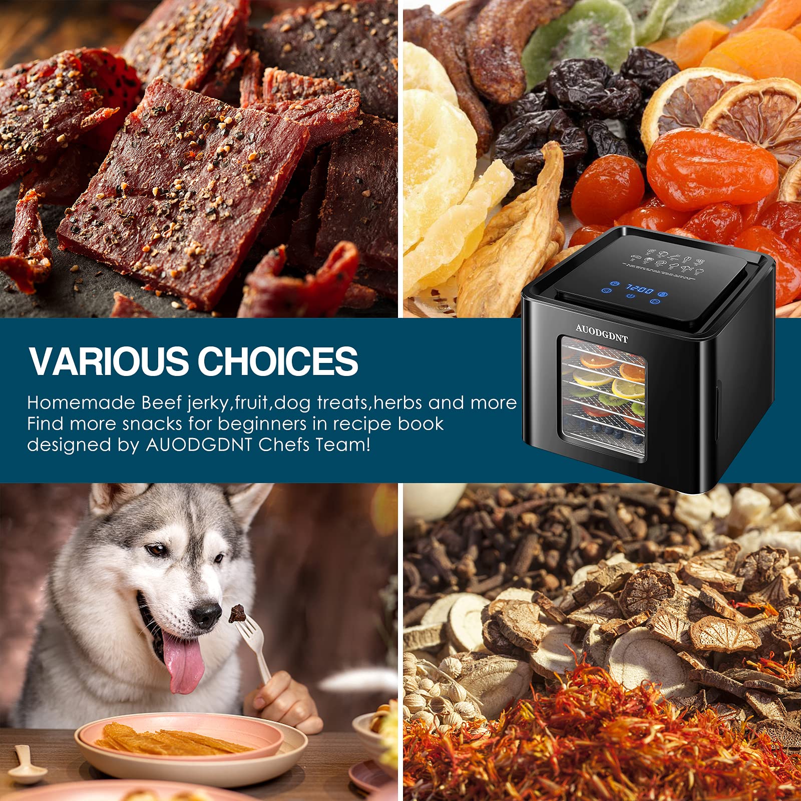 Food Dehydrator Machine-LED Touch Adjustable Digital Timer and Temperature Display Control with 6 Stainless Steel Trays and Recipe,Dryer Machine for Jerky,Meat,Beef,Fruit,Vegetable,Pet Food, Herb