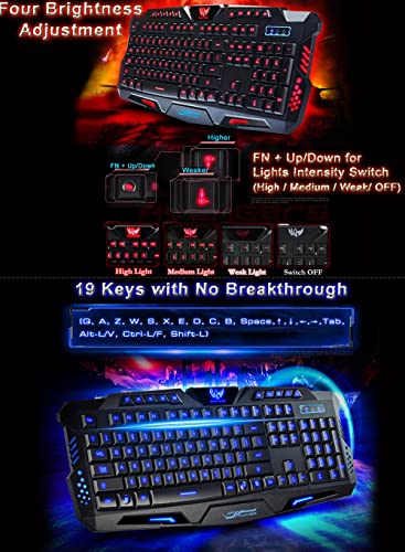 Tri-Color Backlit Gaming Keyboard USB Wired Floating Keyboard, Powered Full N-Key Game Keyboard, Quiet Ergonomic Water-Resistant Mechanical Feeling Keyboard,for Desktop, Computer, PC(Black)