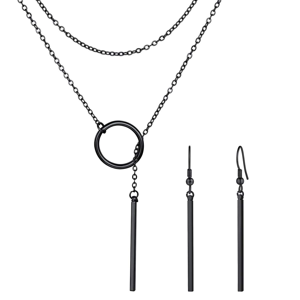FOCALOOK Black Necklace Earrings Set for Women Long Black Lariat Chain with Drop Vertical Bar Earrings Jewelry Set