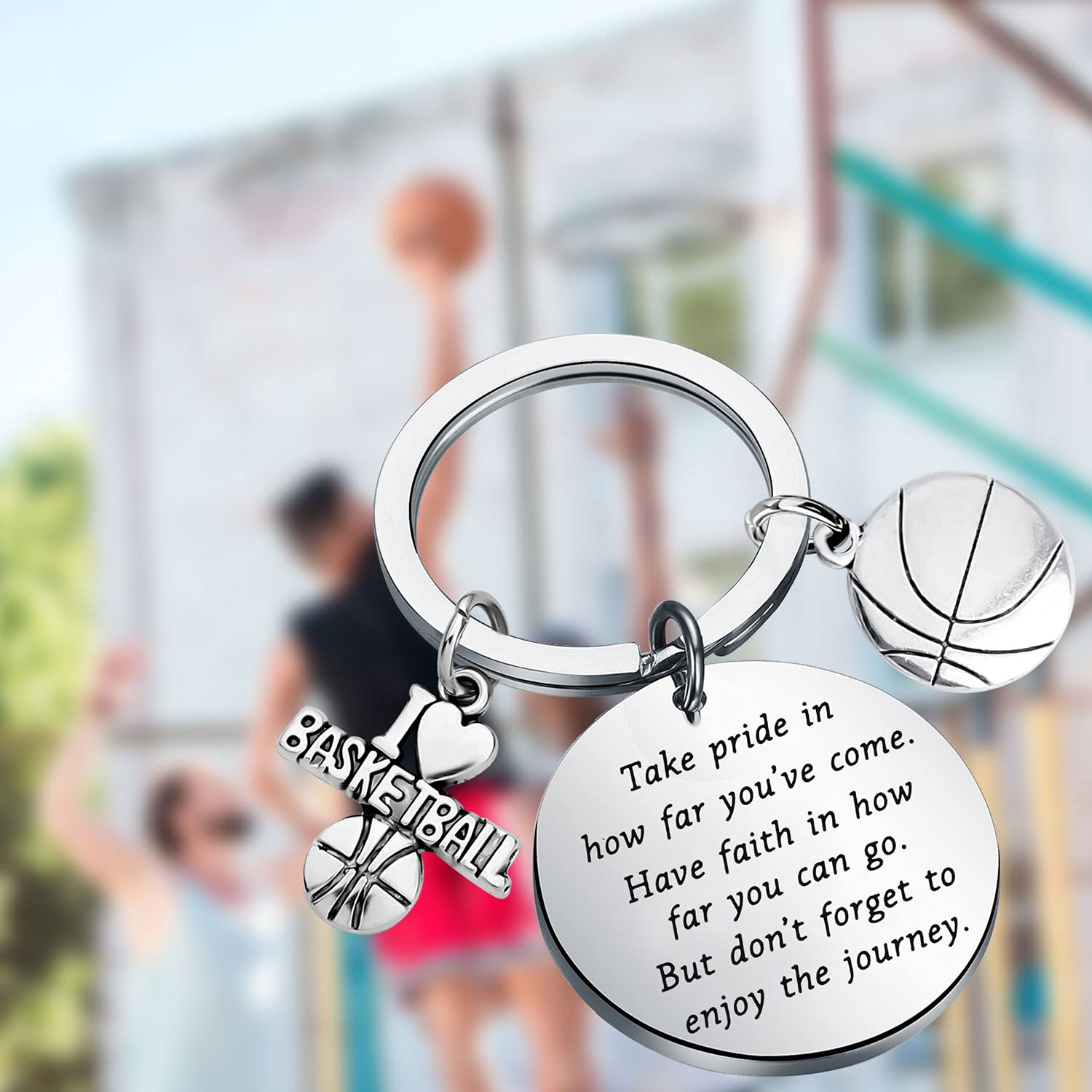 FUSTMW Basketball Keychain Basketball Lovers Gifts Basketball Player Gifts Take Pride In How Far You Have Come (silver)