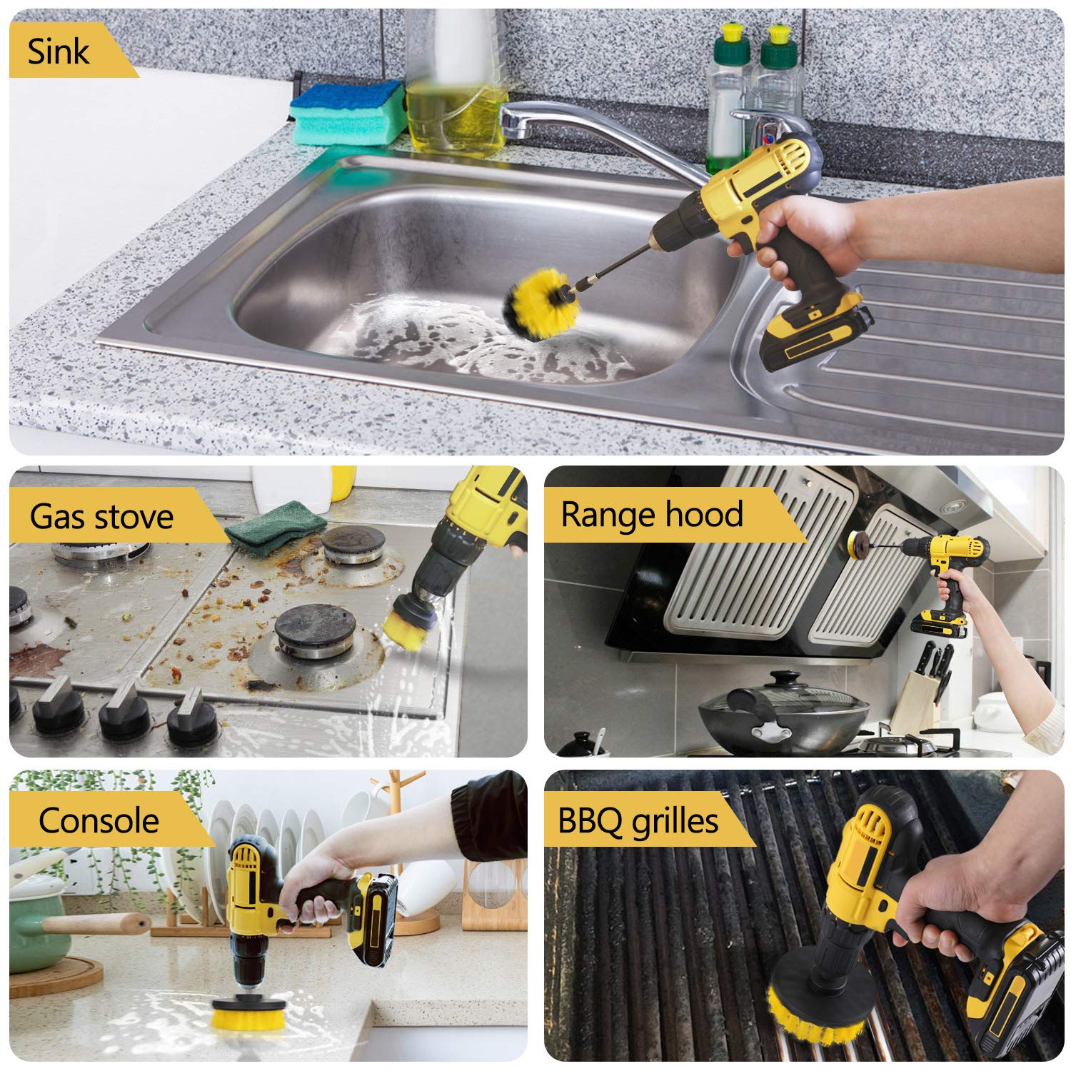 HIWARE Drill Brush Attachment Set, Yellow, Plastic Handle, 3 Sized Brush Heads for Cleaning Bathtub, Shower, Floor, Carpet, Kitchen, Bathroom, and More