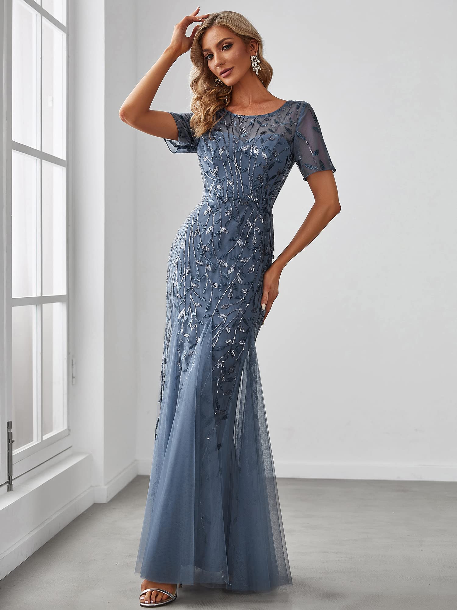 Ever-Pretty Women's Floral Lace Round Neck Sequin Prom Gown with Sleeves Haze Blue US16