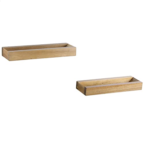 MyGift Natural Solid Acacia Wood Vinyl Album Record Holder Storage Shelf, Wall Display Rack with Angle Design, Set of 2
