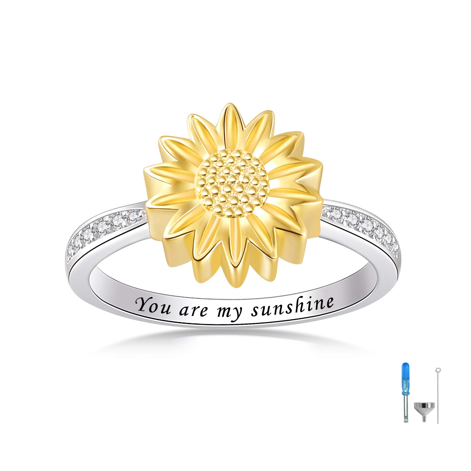 Fookduoduo Sunflower Cremation Ring for Ashes - 925 Sterling Silver Jewelry Adjustable You are My Sunshine Urn Ring Daisy Memorial Keepsake Locket for Women Human Ash (7)