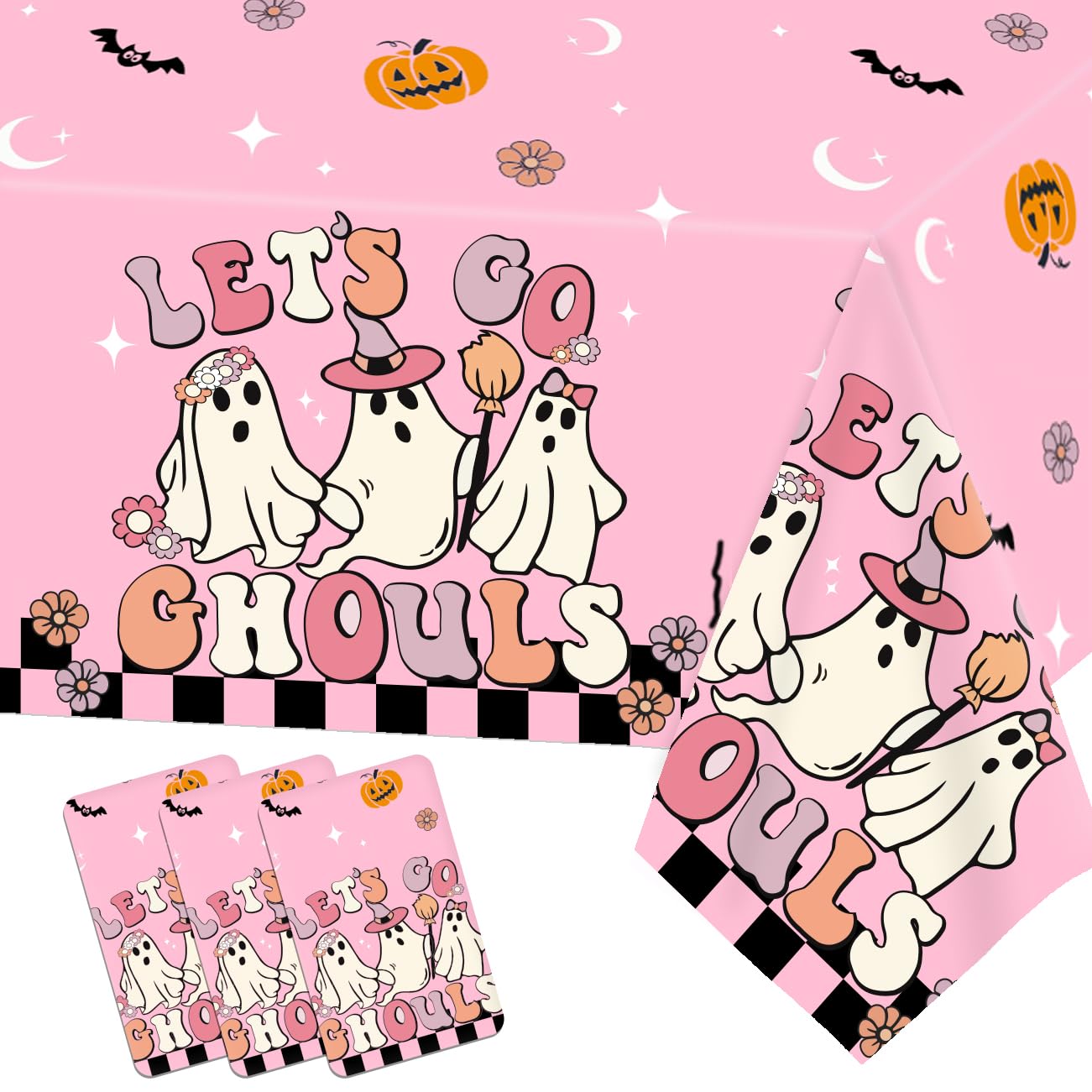 Pink Halloween Decorations Halloween Tablecloth Cute Ghost Let’s go Ghouls Pumpkin Table Cover for Halloween Party Spooky Theme Disposable Plastic Table Cloth for Halloweens Table Decor