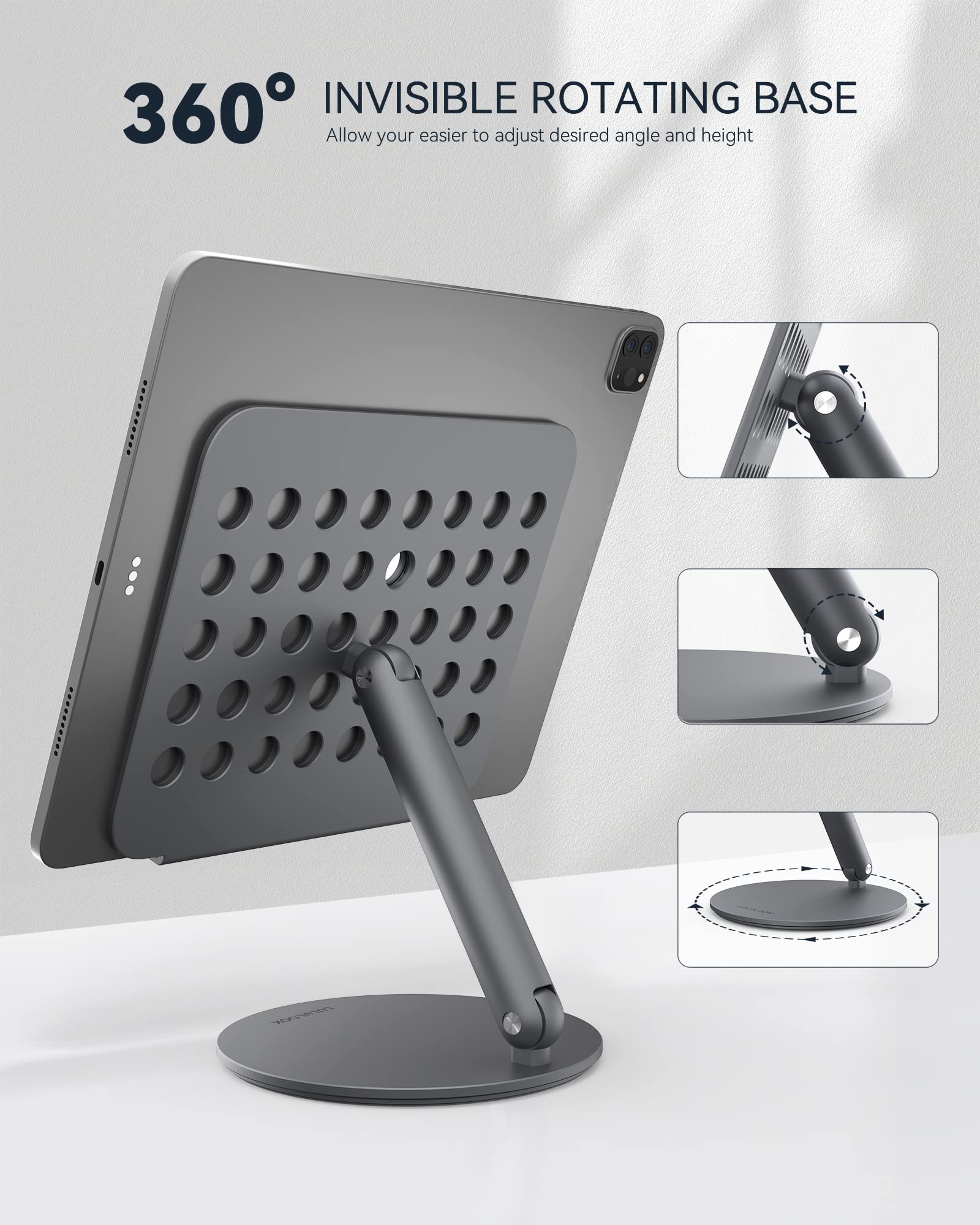 LULULOOK Tablet Stand for Desk, Foldable & 360° Rotation Tablet Stand Holder Compatible with iPad/Pro/Air/Mini, Phone, Samsung, Nexus 4-13" Gray