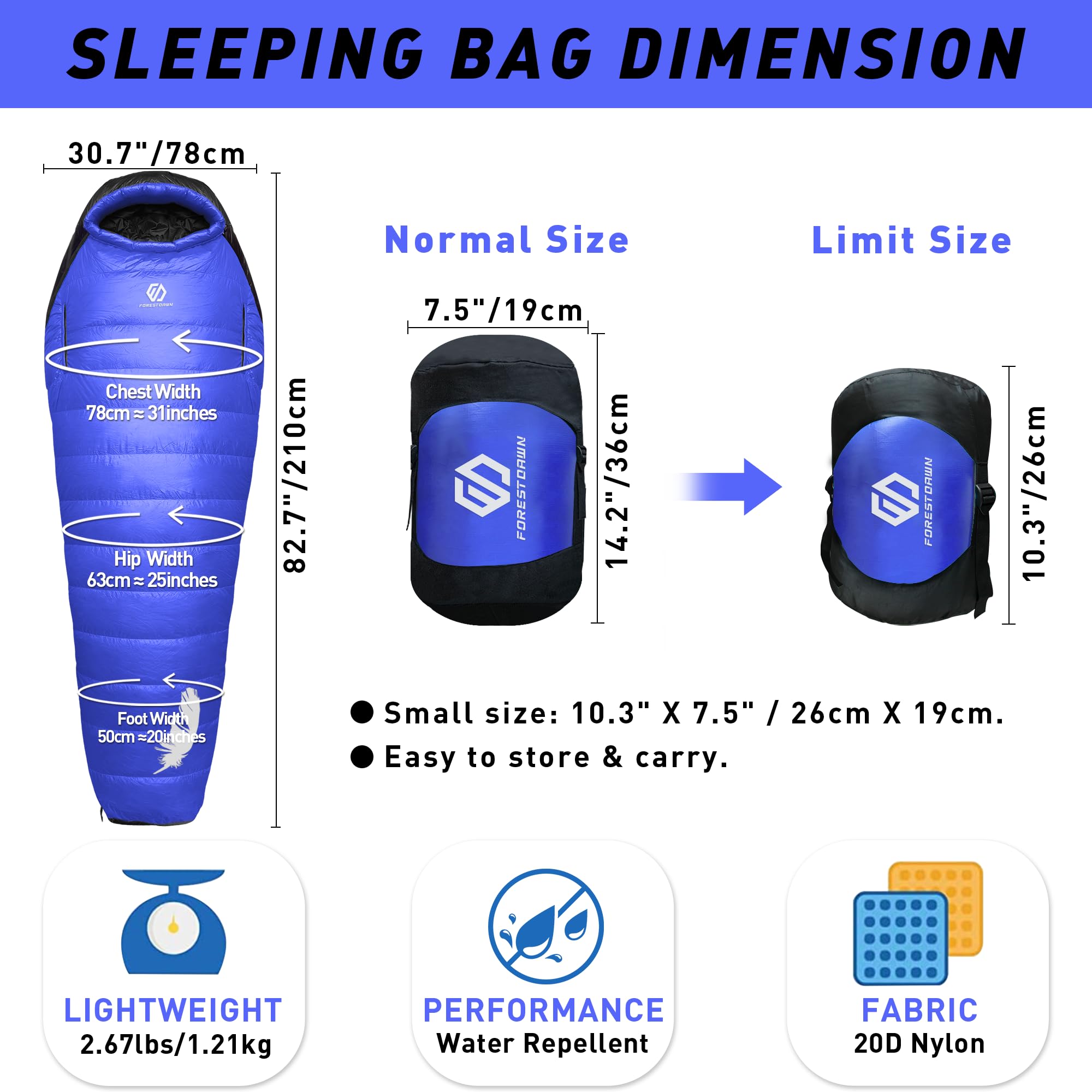 ForestDawn 15 Degree F Down Sleeping Bag, 650 Down Fill Power Cold-Weather Mummy Sleeping Bag for Adults, Winter Lightweight Camping, Hiking, Backpacking with Compression Stuff Sack