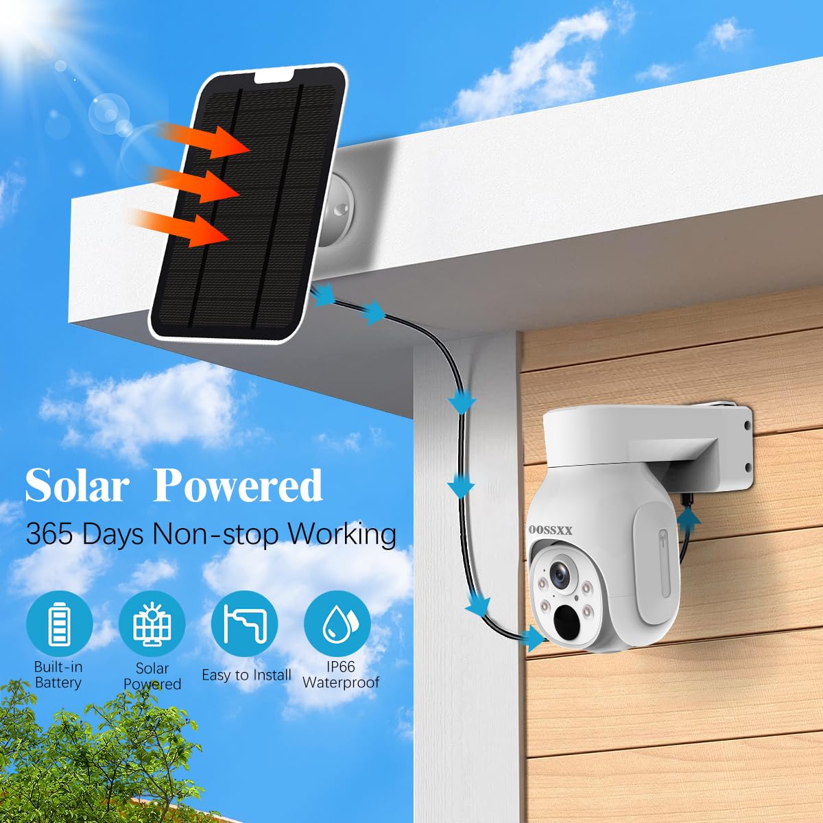 OOSSXX (PT Digital Zoom 100% Wire-Free) 2-Way Audio Wireless Solar Cameras, Solar Battery PIR Detection Outdoor Wireless Security Camera System Video Surveillance System (4-Cams 63G)