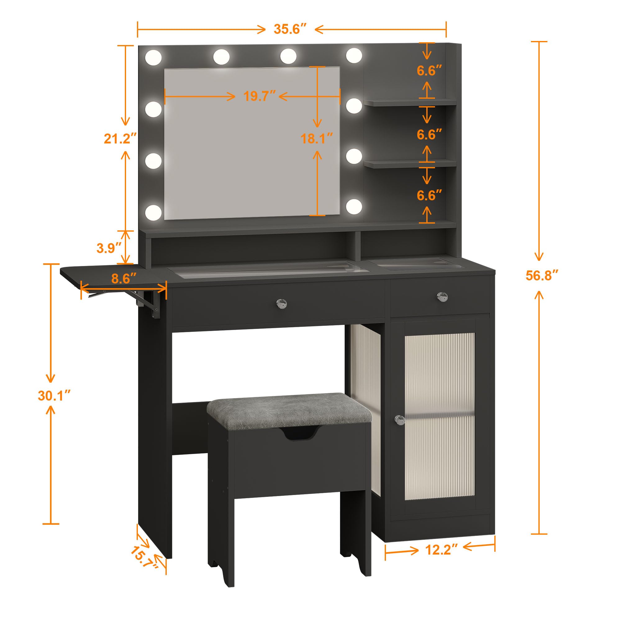 Fulhope Vanity Desk with Mirror and Lights, Chair & Outlet, Makeup Vanity with Lights, Black Vanity Table with 2 Drawers for Makeup Storage, Makeup Desk with Mirror for Bedroom, SZT-2
