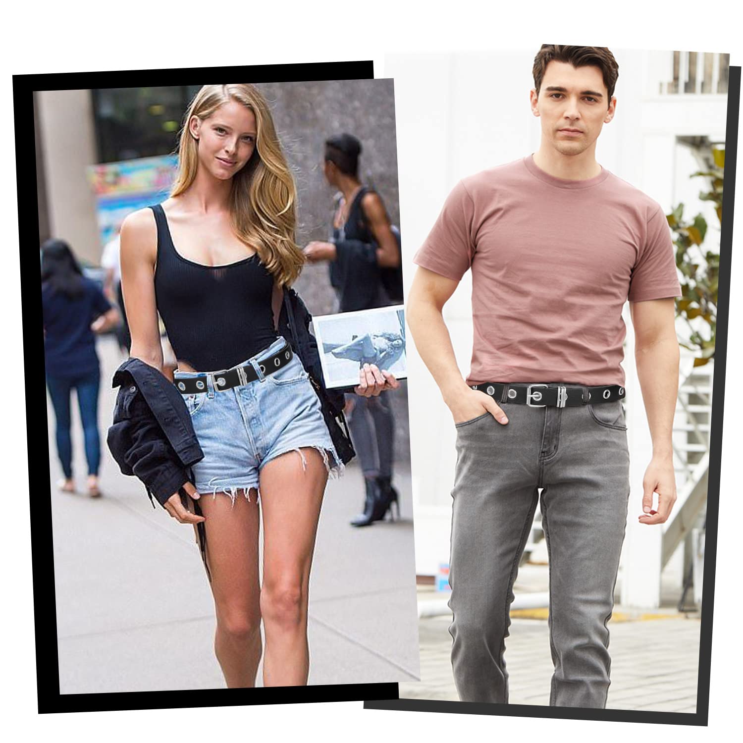 FIORETTO Single Grommet Leather Belt Women Men Punk Rock Waist Belts for Jeans Pants Single Holes Black-Silver
