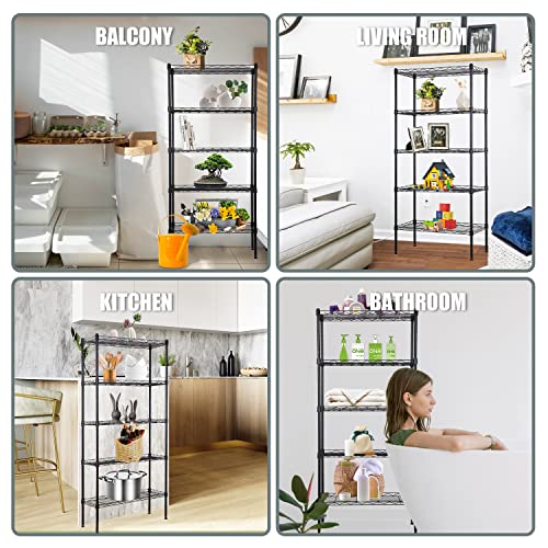 NChanmar 5-Tier Metal Shelving Unit Storage Shelves Metal Shelves 48"x21"x12" Heavy Duty Metal Storage Rack Wire Rack NSF Height Adjustable for Home Kitchen Bathroom Garage Shelving(Black)