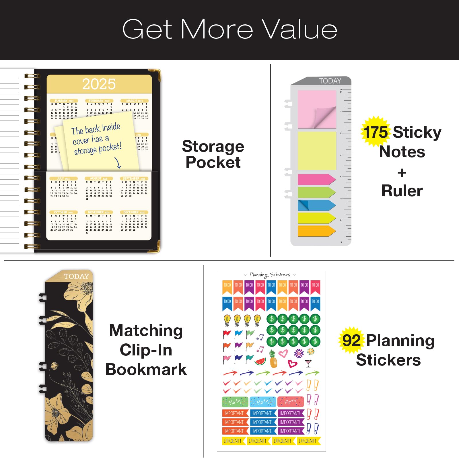 HARDCOVER 2024 Planner: (November 2023 Through December 2024) 5.5"x8" Daily Weekly Monthly Planner Yearly Agenda. Bookmark, Pocket Folder and Sticky Note Set (Golden Floral)