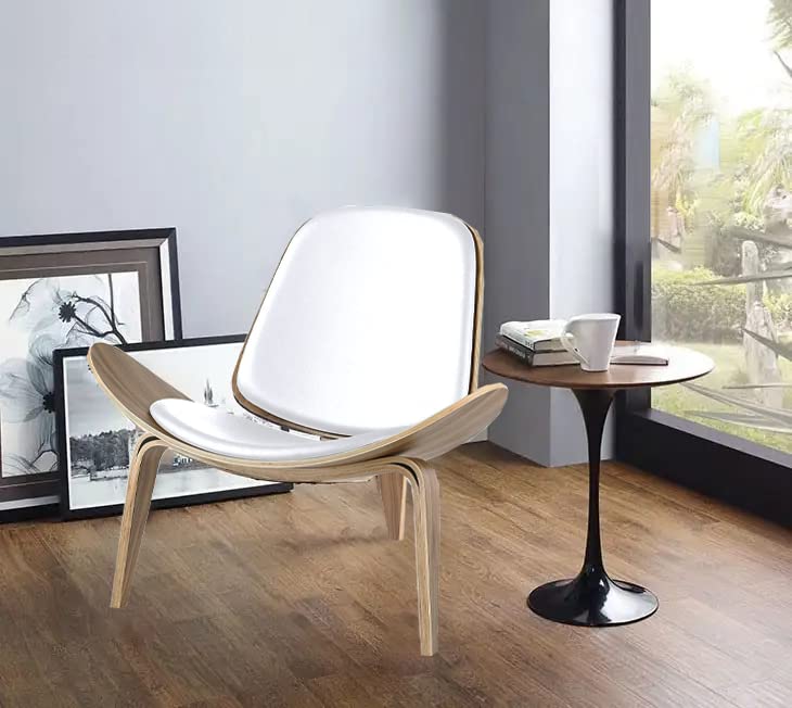 First of a Kind Lounge Chair for Living & Study Room - Faux Leather Tripod Plywood Solid Wood Shell Chairs - Modern Classic Mid Century Design - White